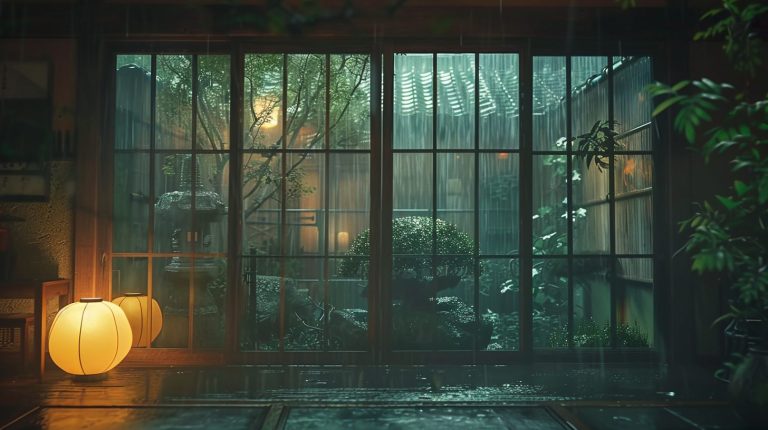 Rainy Garden View from Inside a Traditional Japanese House