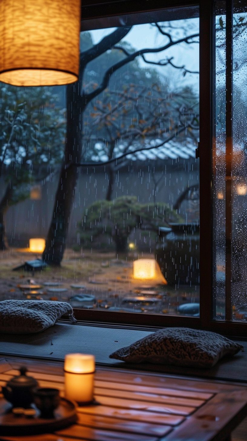 Rainy Garden View from Inside a Traditional Japanese House