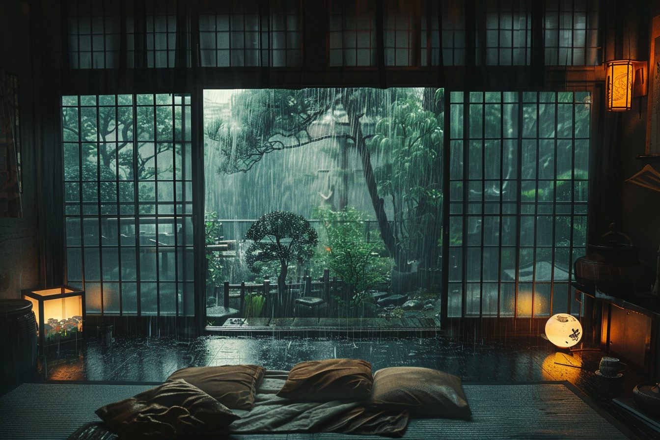 Rainy Garden View from Inside a Traditional Japanese House