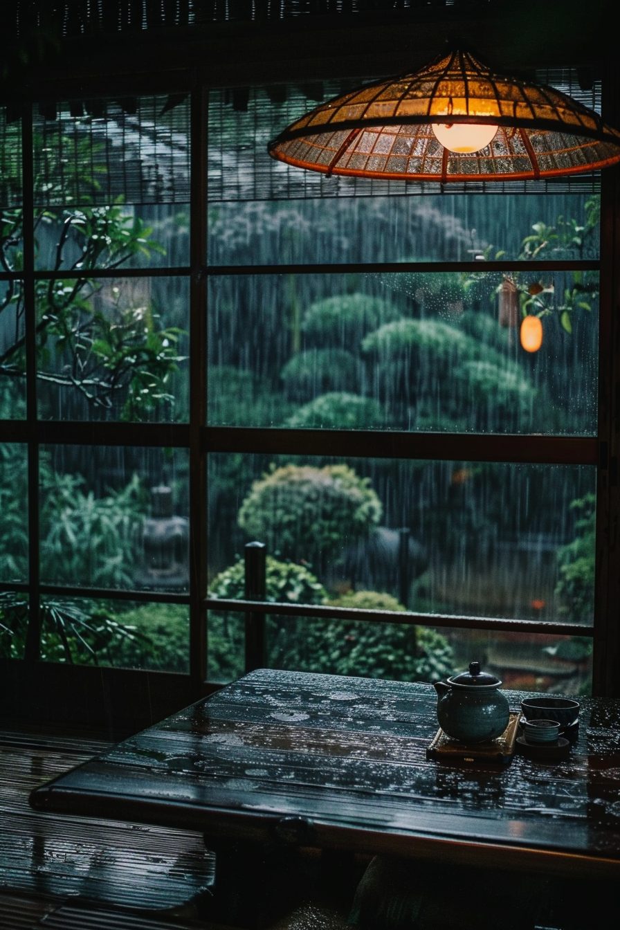 Rainy Garden View from Inside a Traditional Japanese House
