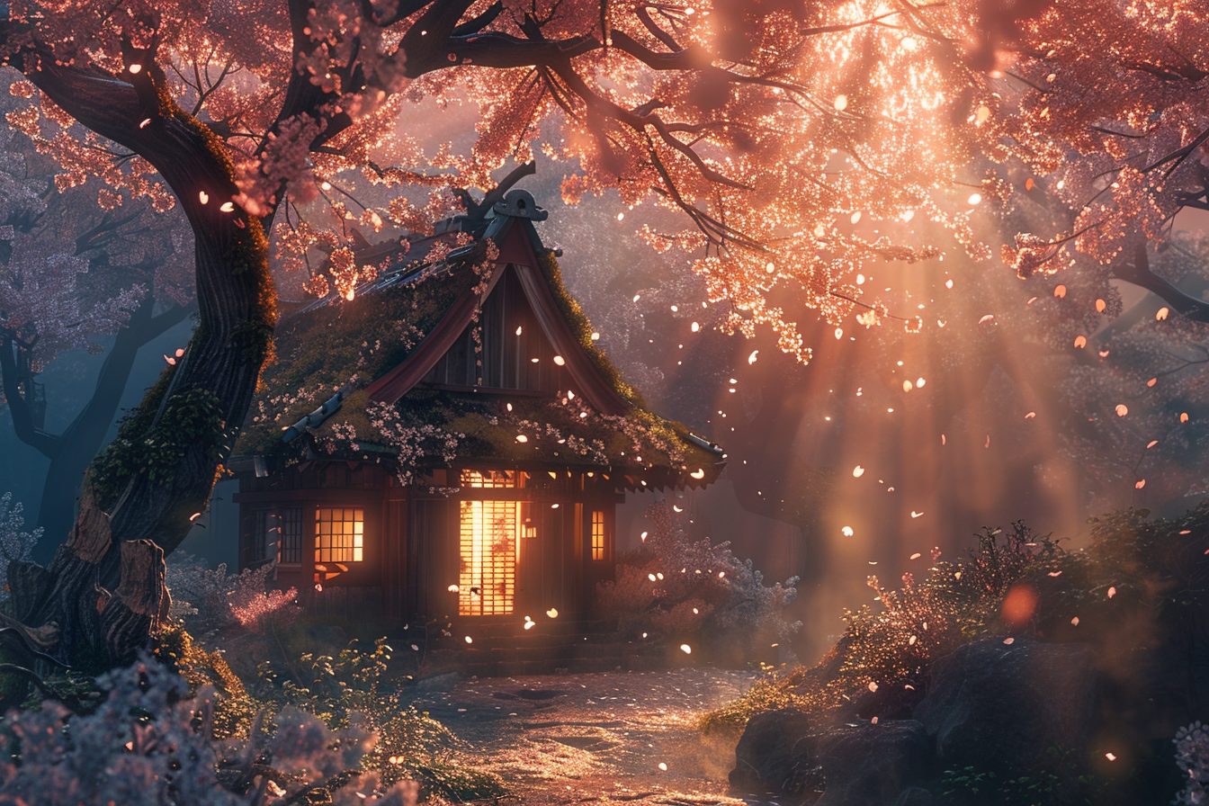 A Small Japanese House Under a Canopy of Cherry Blossoms