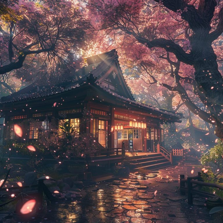 A Small Japanese House Under a Canopy of Cherry Blossoms