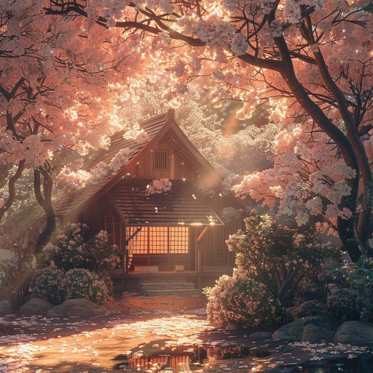 A Small Japanese House Under a Canopy of Cherry Blossoms