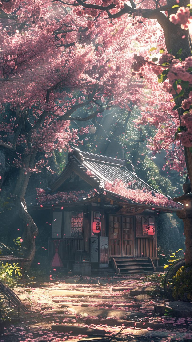 A Small Japanese House Under a Canopy of Cherry Blossoms