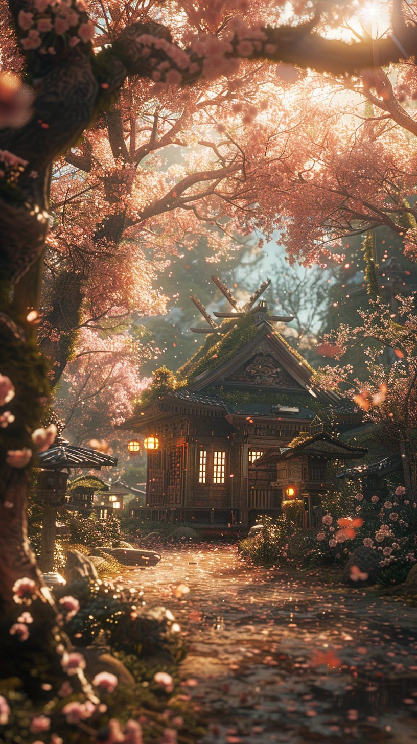 A Small Japanese House Under a Canopy of Cherry Blossoms