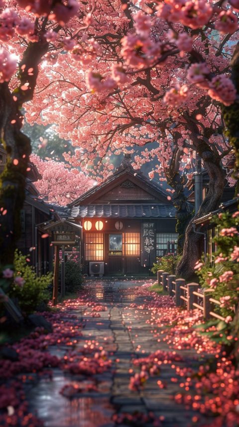 A Small Japanese House Under a Canopy of Cherry Blossoms
