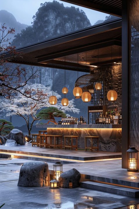 Asian-style Outdoor Bar with a Landscape View