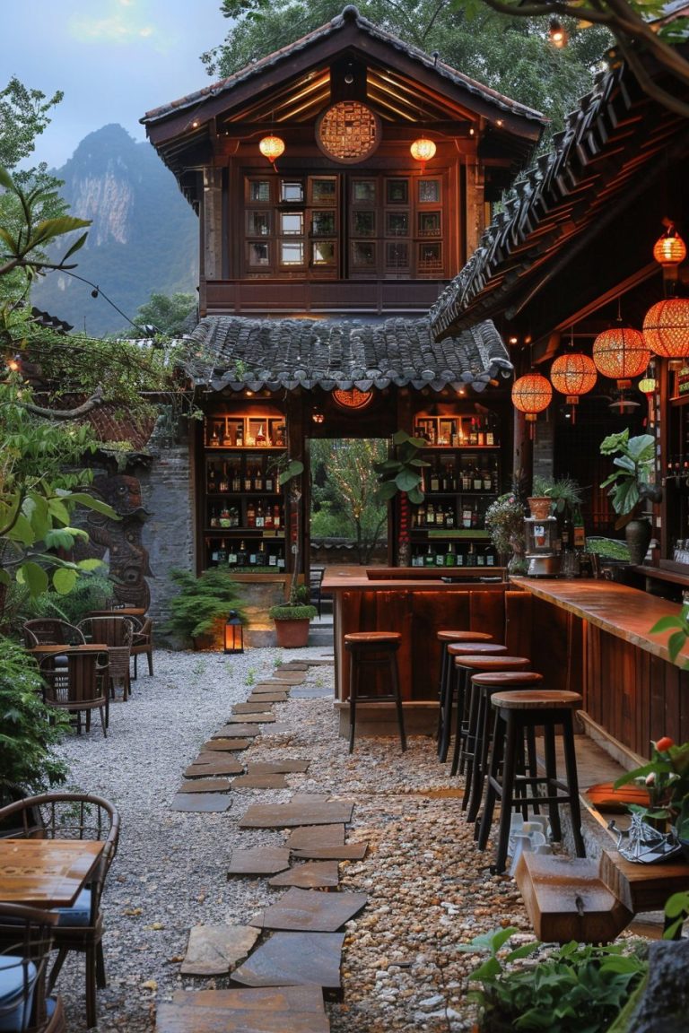 Asian-style Outdoor Bar with a Landscape View