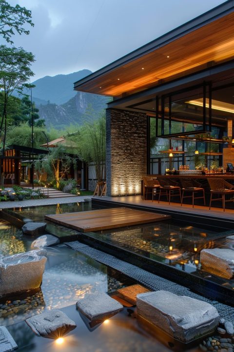 Asian-style Outdoor Bar with a Landscape View