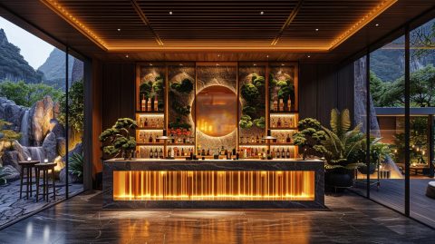 Asian-style Outdoor Bar with a Landscape View