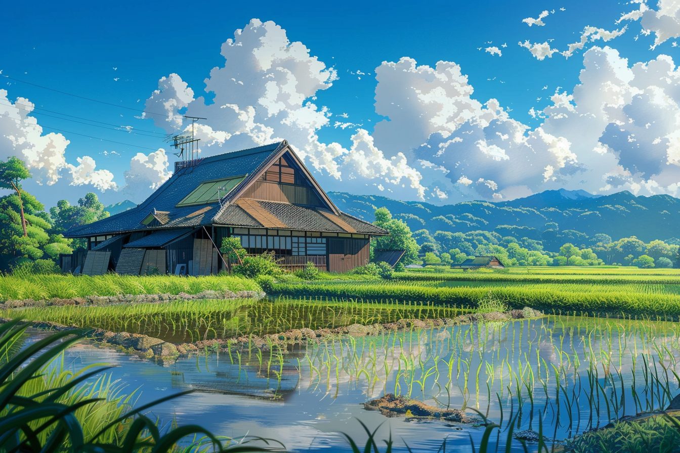 Japanese Farmhouse and Rice Paddy Fields