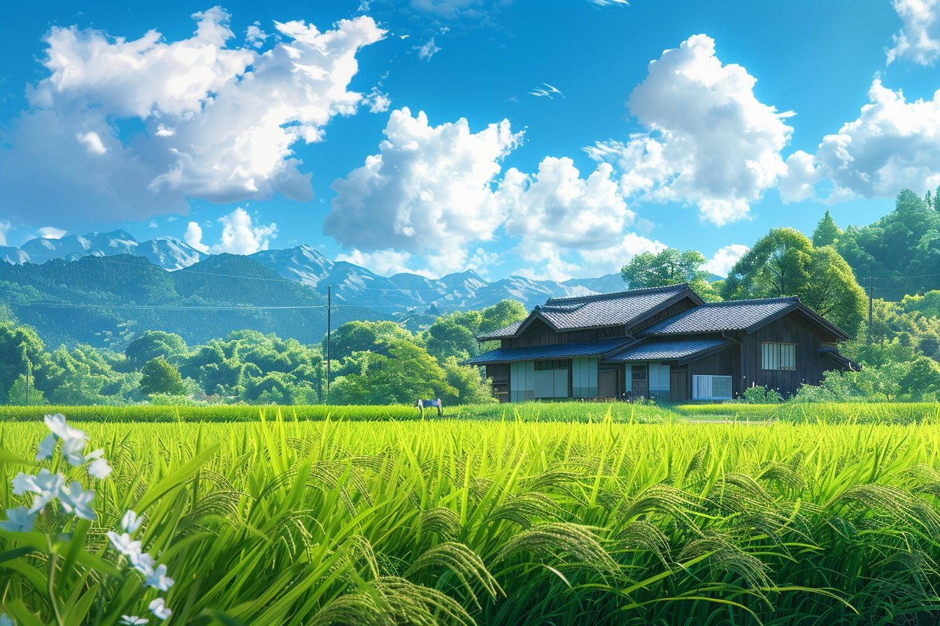 Japanese Farmhouse and Rice Paddy Fields