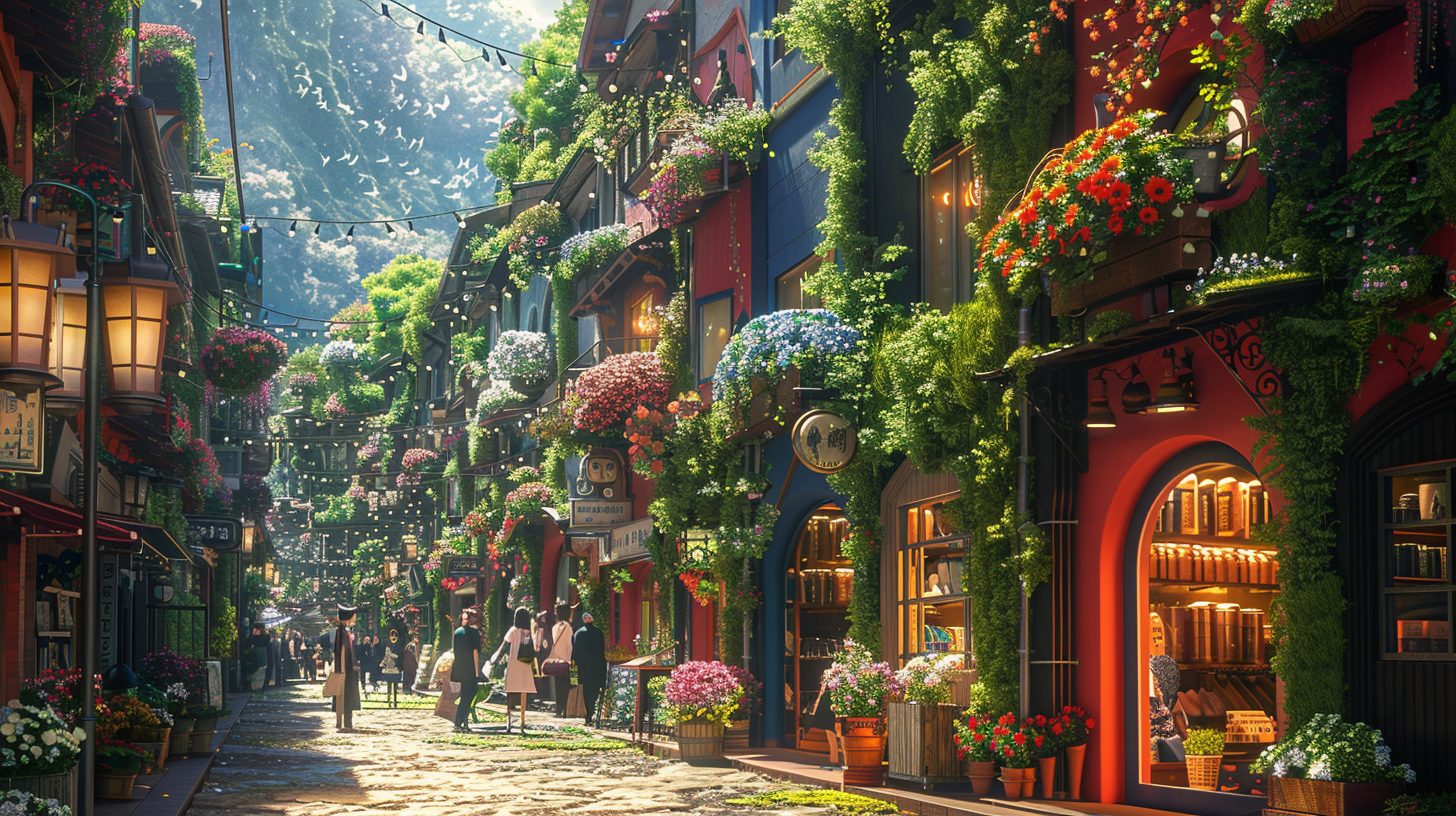 A Row of Shops Covered in Nature and Flowers – Anime Vibes