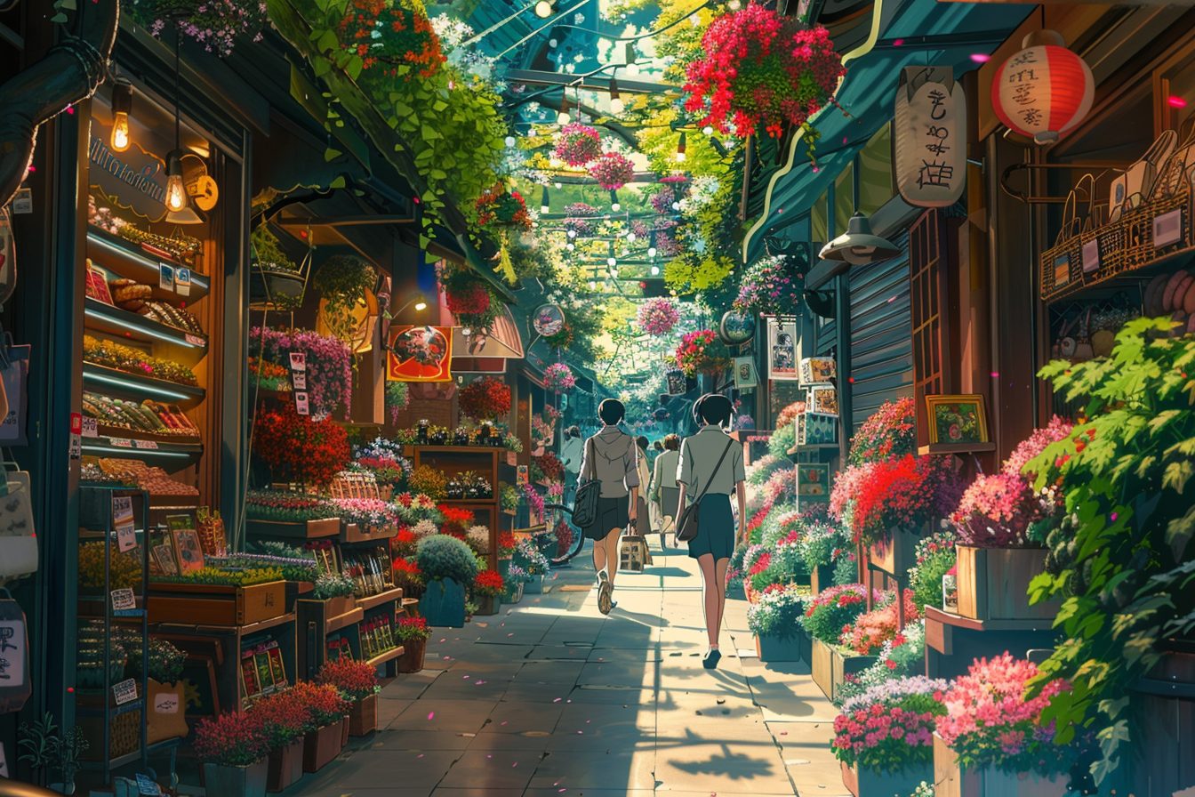 A Row of Shops Covered in Nature and Flowers – Anime Vibes