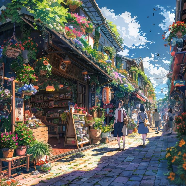 A Row of Shops Covered in Nature and Flowers – Anime Vibes
