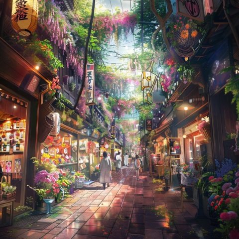 A Row of Shops Covered in Nature and Flowers – Anime Vibes