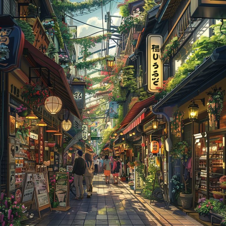 A Row of Shops Covered in Nature and Flowers – Anime Vibes
