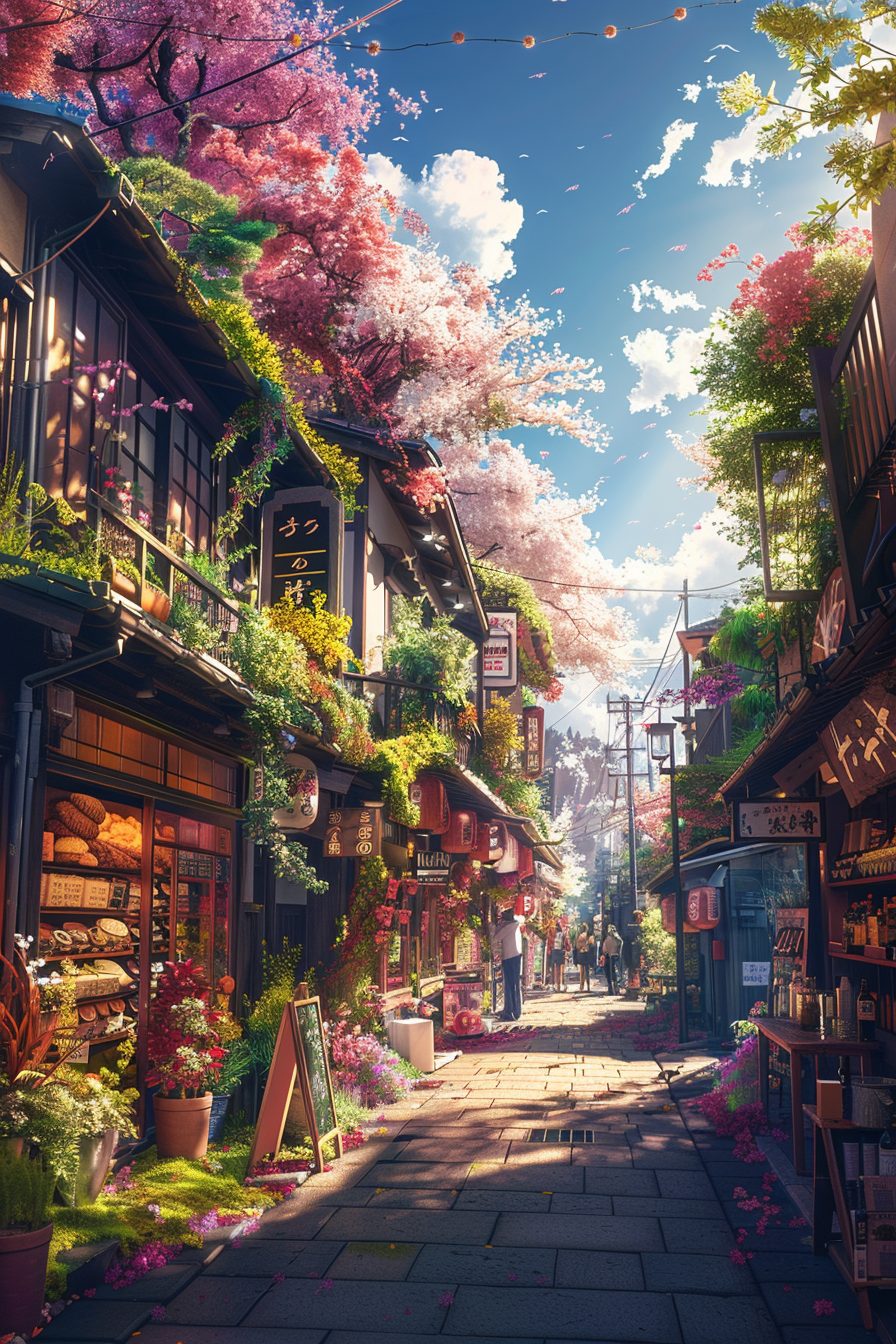 A Row of Shops Covered in Nature and Flowers – Anime Vibes
