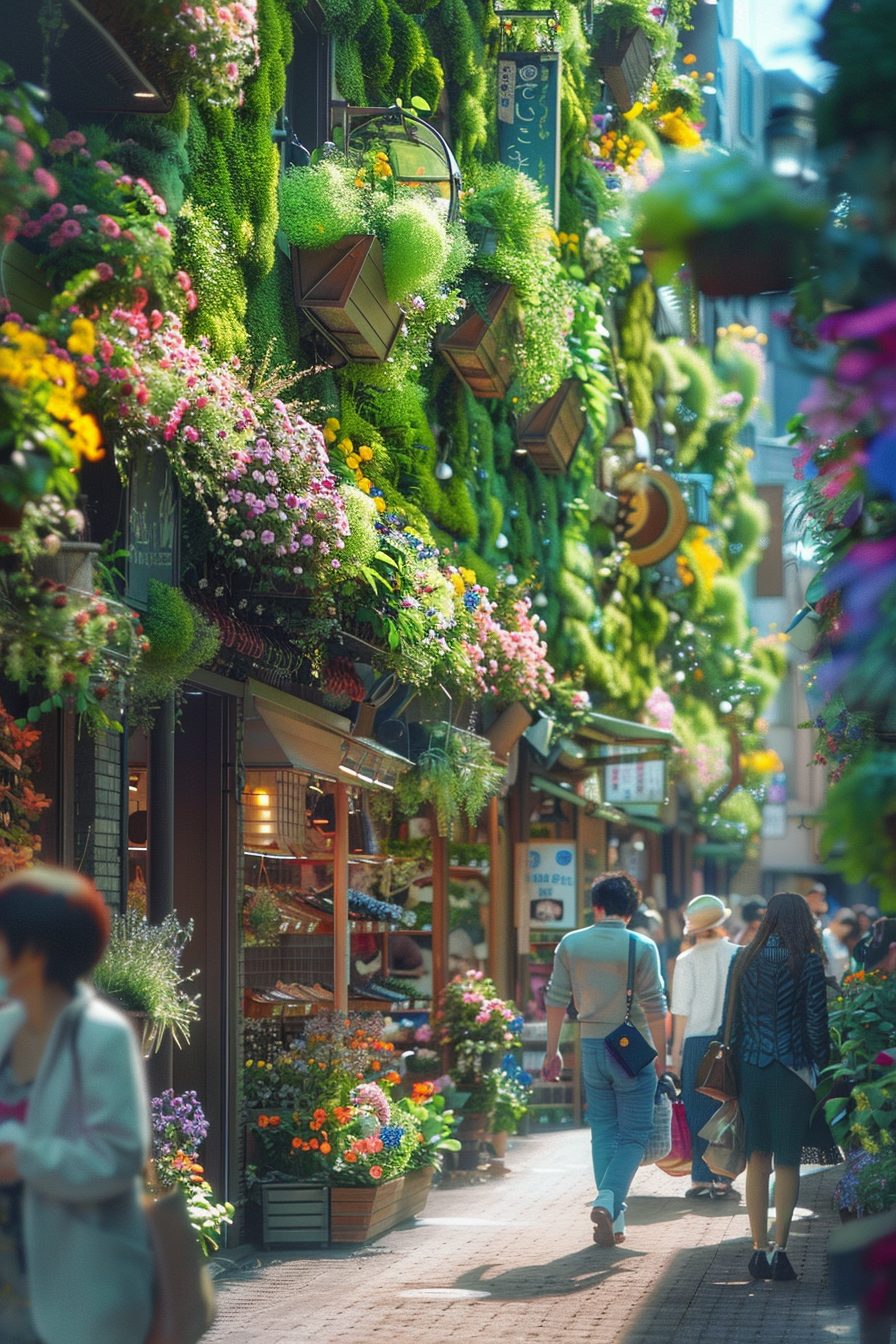 A Row of Shops Covered in Nature and Flowers – Anime Vibes