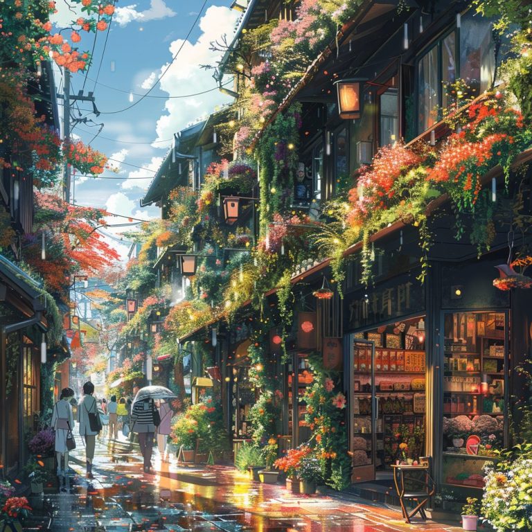 A Row of Shops Covered in Nature and Flowers – Anime Vibes