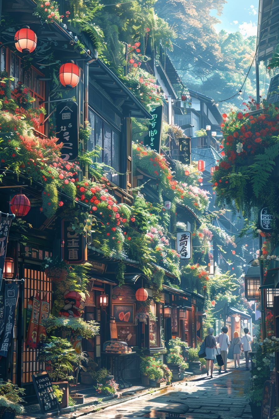 A Row of Shops Covered in Nature and Flowers – Anime Vibes