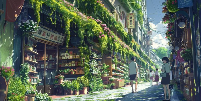 A Row of Shops Covered in Nature and Flowers – Anime Vibes