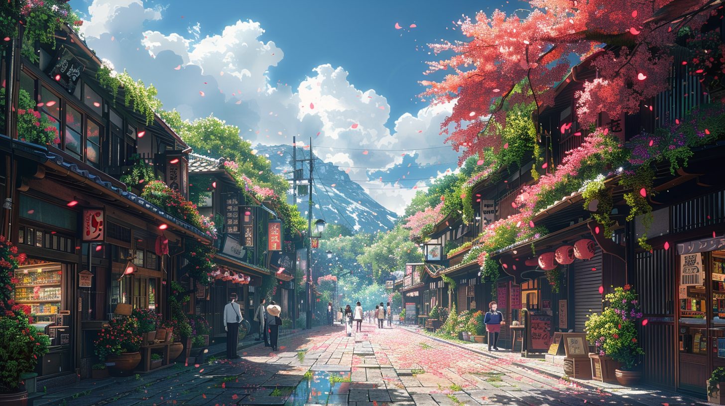A Row of Shops Covered in Nature and Flowers – Anime Vibes