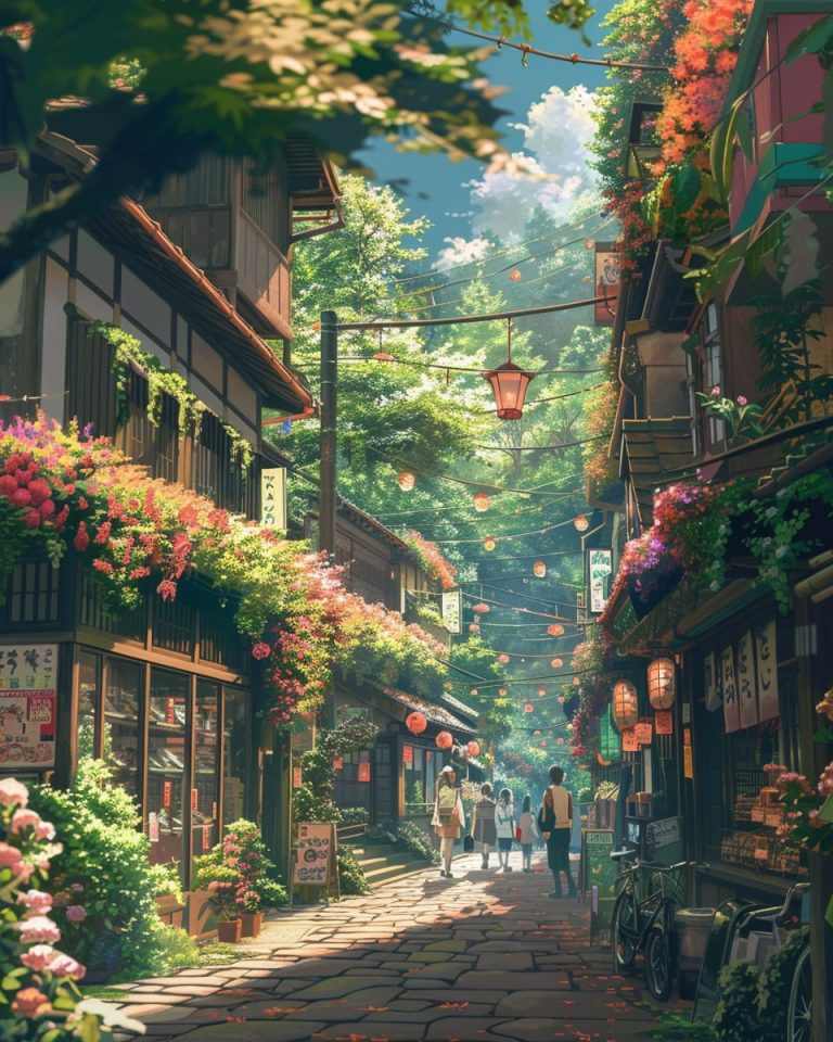 A Row of Shops Covered in Nature and Flowers – Anime Vibes