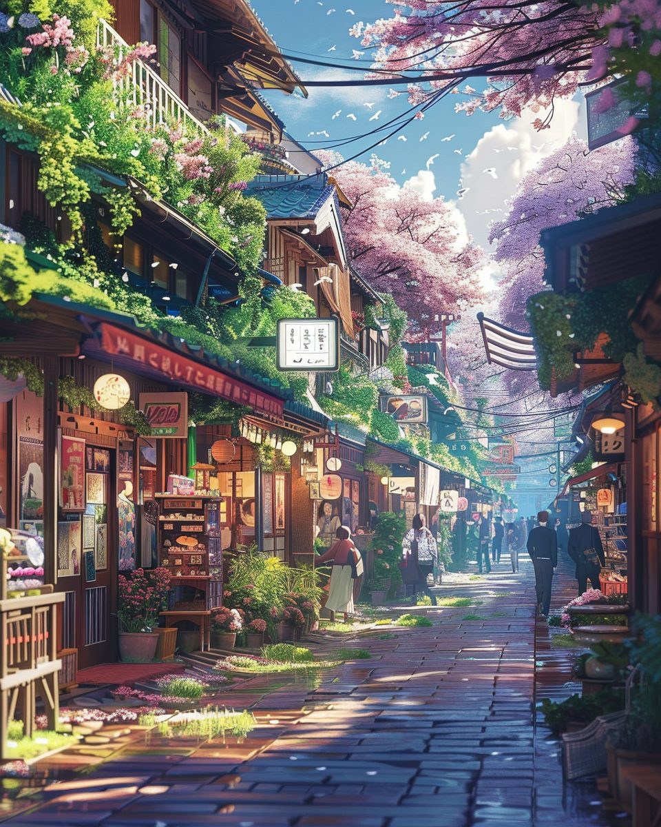 A Row of Shops Covered in Nature and Flowers – Anime Vibes