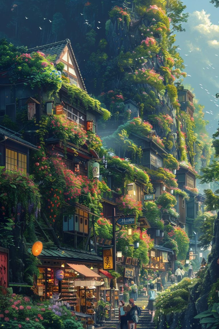 A Row of Shops Covered in Nature and Flowers – Anime Vibes