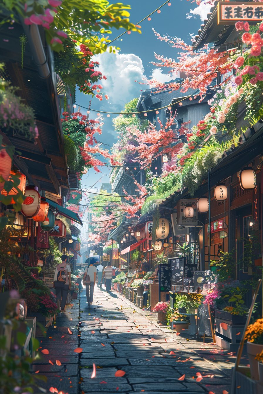 A Row of Shops Covered in Nature and Flowers – Anime Vibes