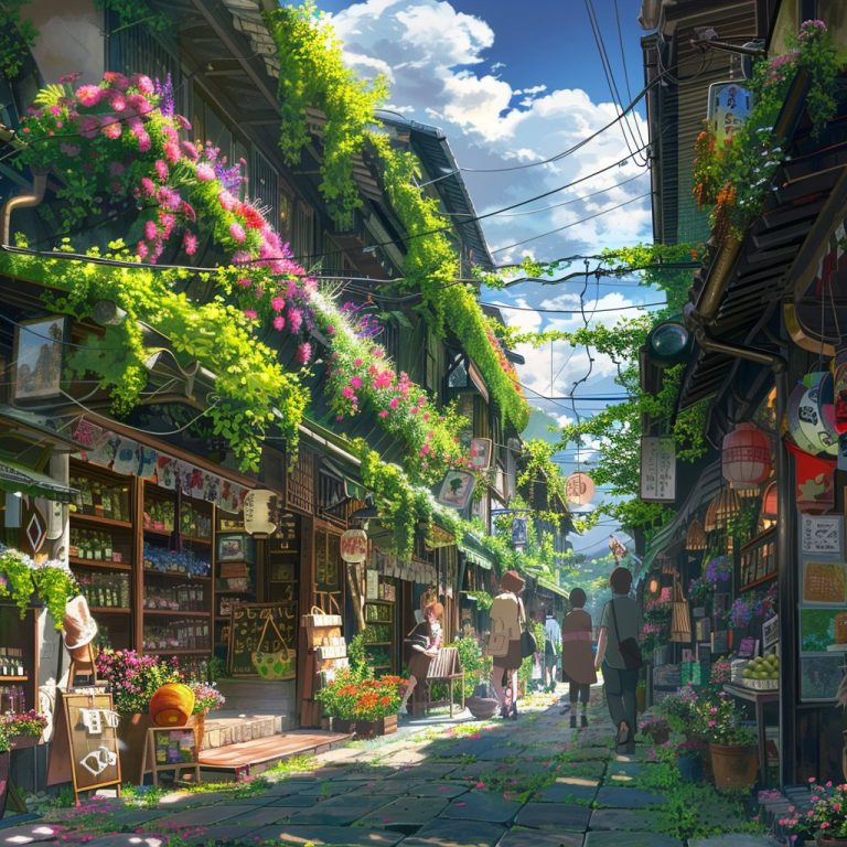 A Row of Shops Covered in Nature and Flowers – Anime Vibes