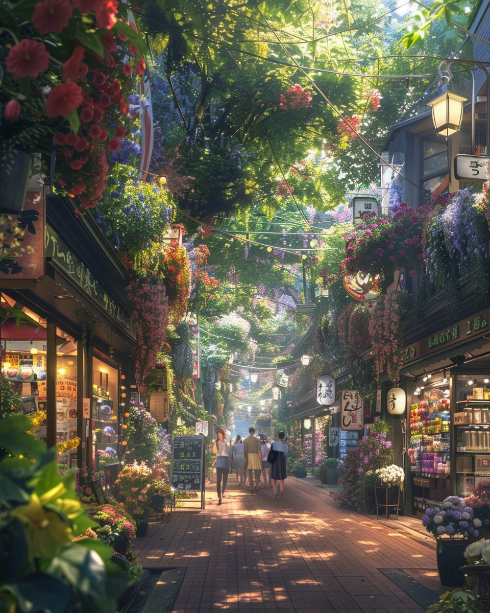 A Row of Shops Covered in Nature and Flowers – Anime Vibes