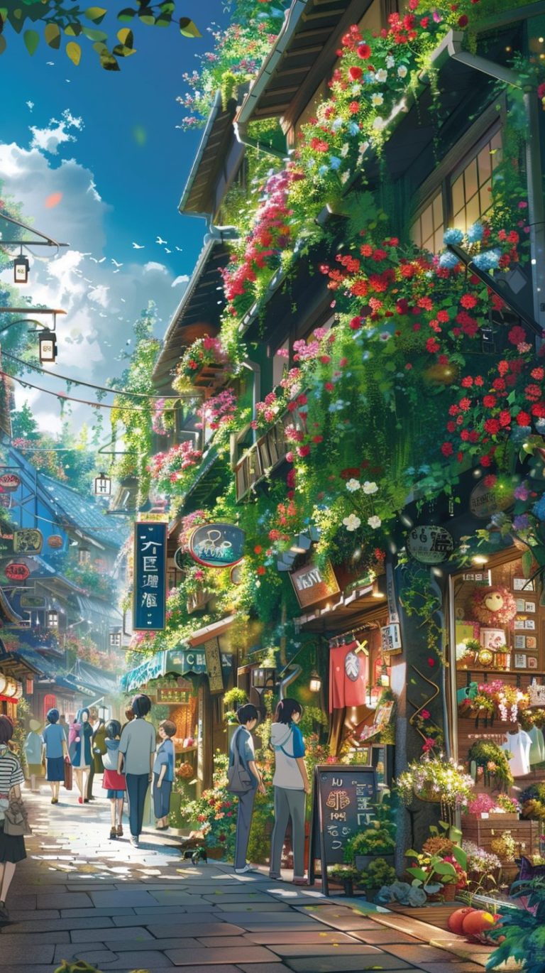 A Row of Shops Covered in Nature and Flowers – Anime Vibes