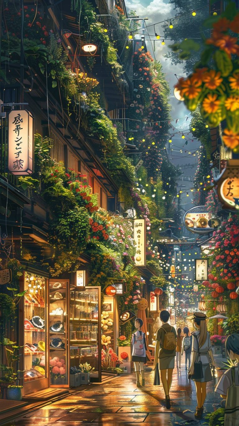A Row of Shops Covered in Nature and Flowers – Anime Vibes