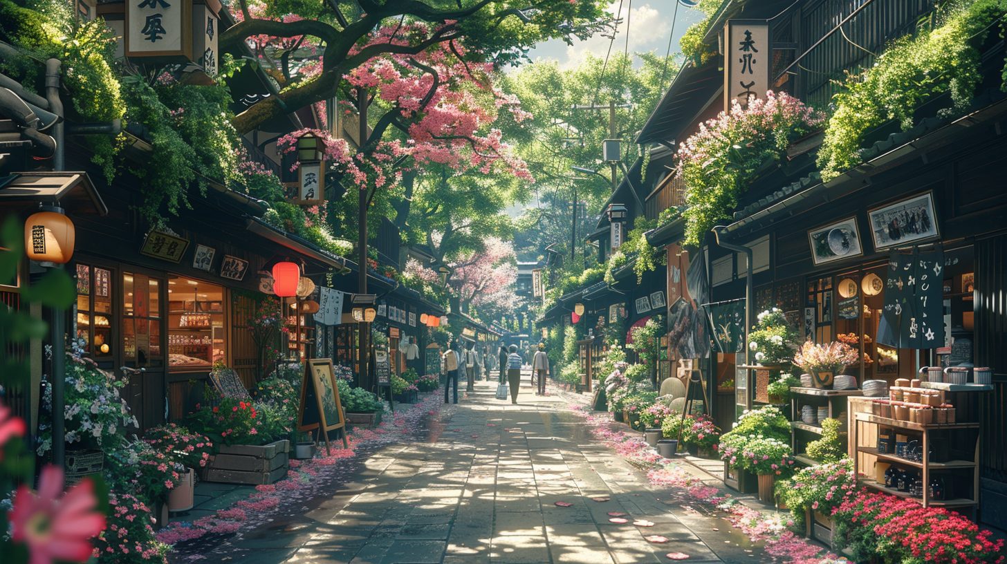 A Row of Shops Covered in Nature and Flowers – Anime Vibes
