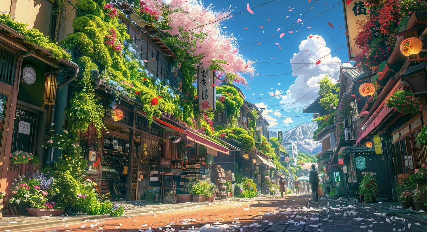 A Row of Shops Covered in Nature and Flowers – Anime Vibes