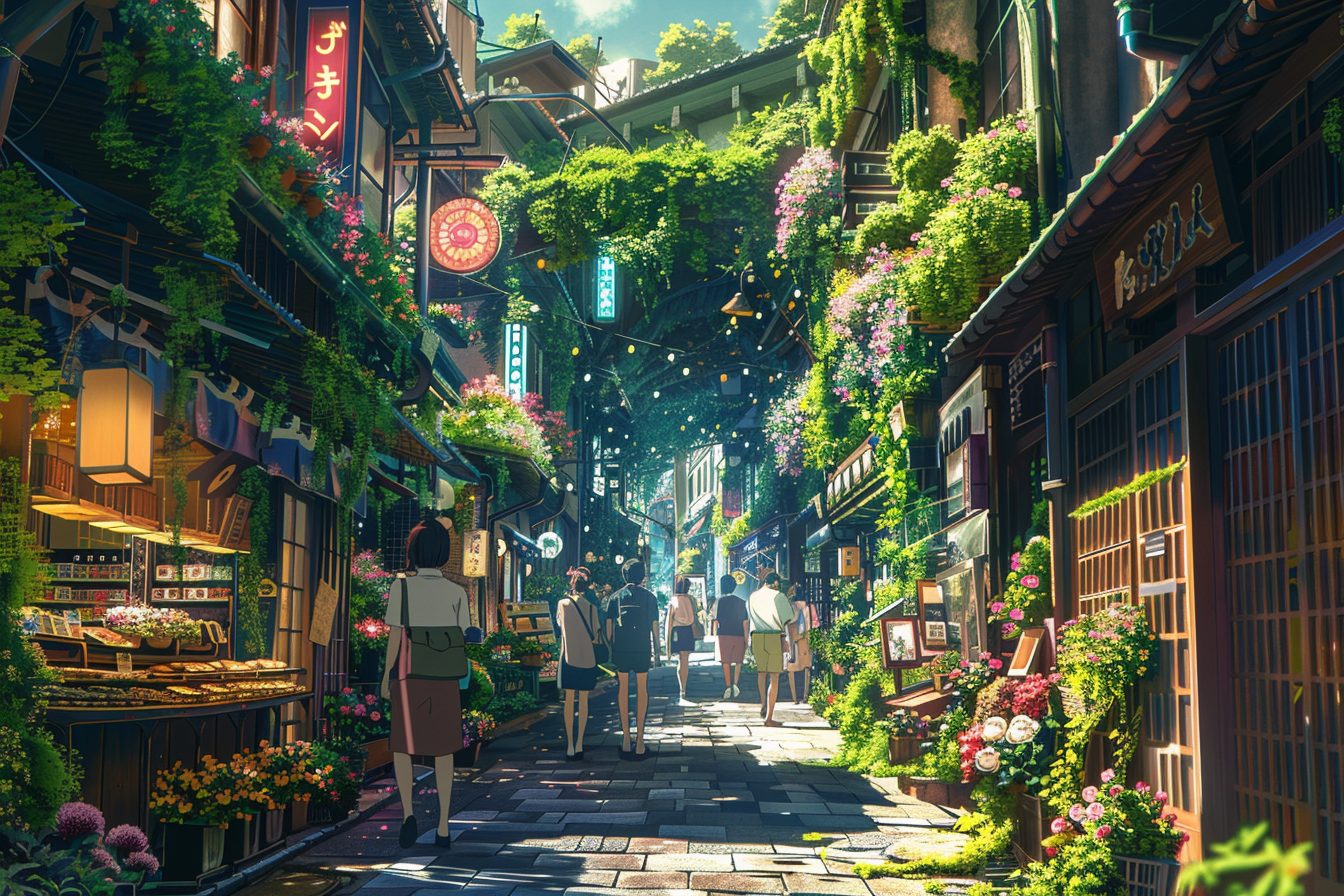 A Row of Shops Covered in Nature and Flowers – Anime Vibes