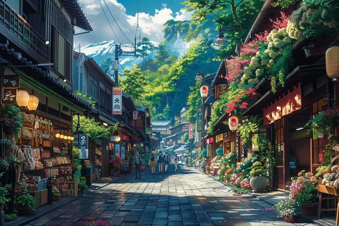 A Row of Shops Covered in Nature and Flowers – Anime Vibes