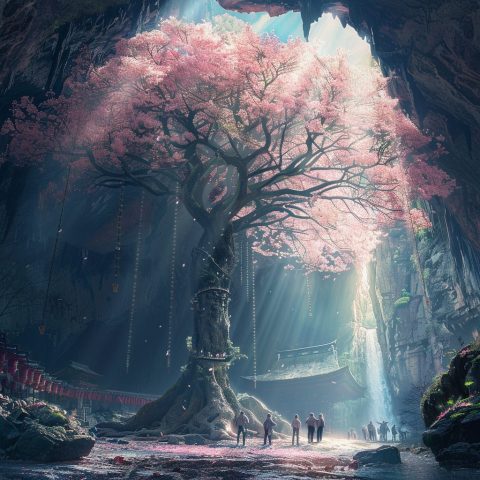 Cherry Blossom Tree within a Sacred Cave in Japan