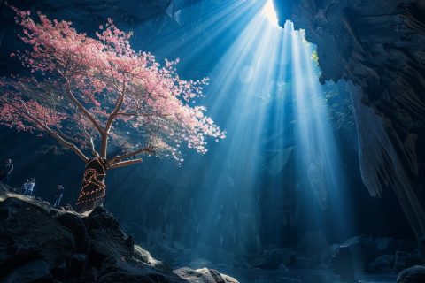 Cherry Blossom Tree within a Sacred Cave in Japan
