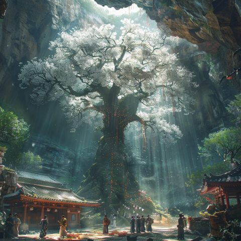 Cherry Blossom Tree within a Sacred Cave in Japan