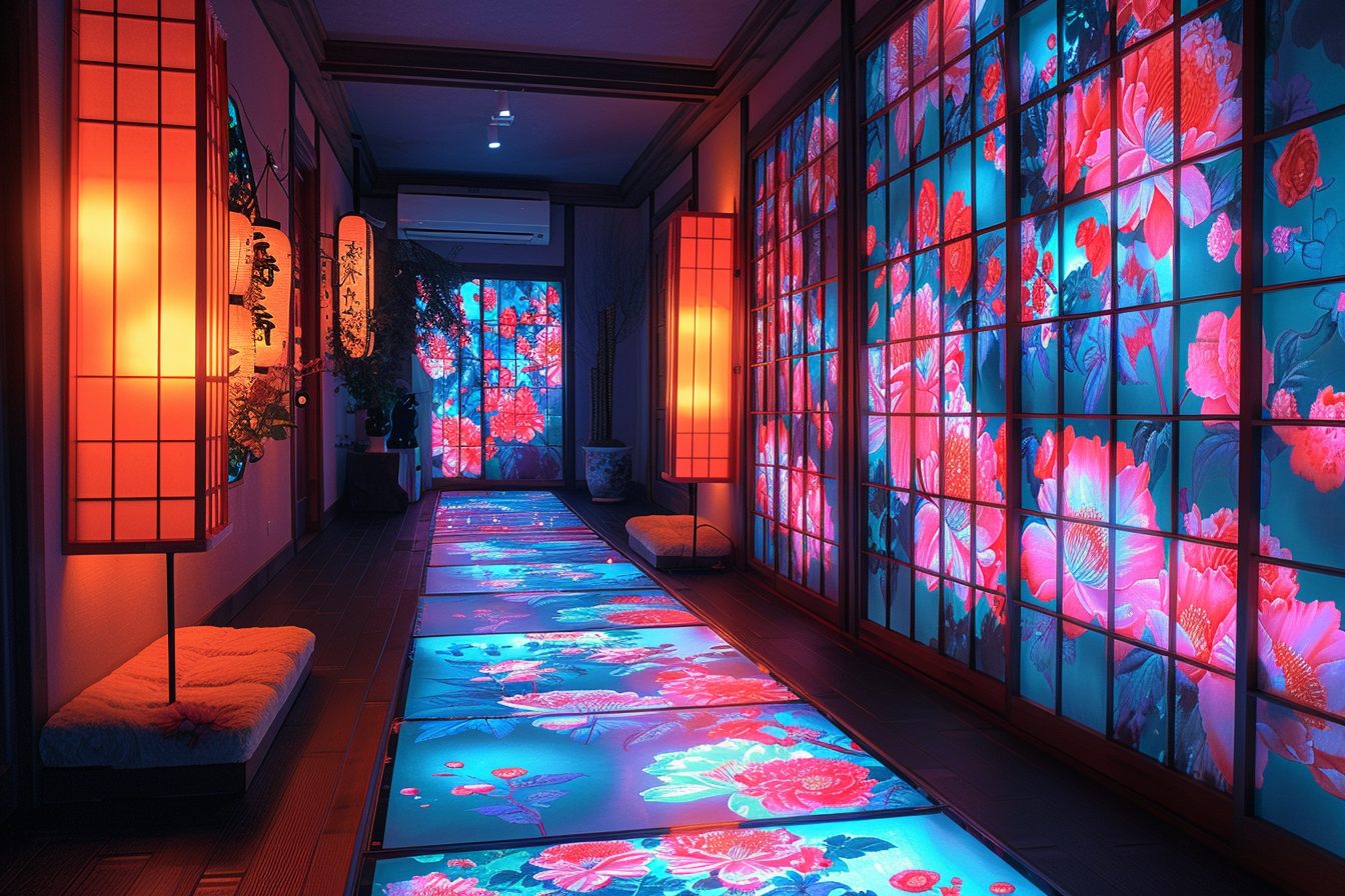 Traditional Japanese Houses with Neon Floral Designs