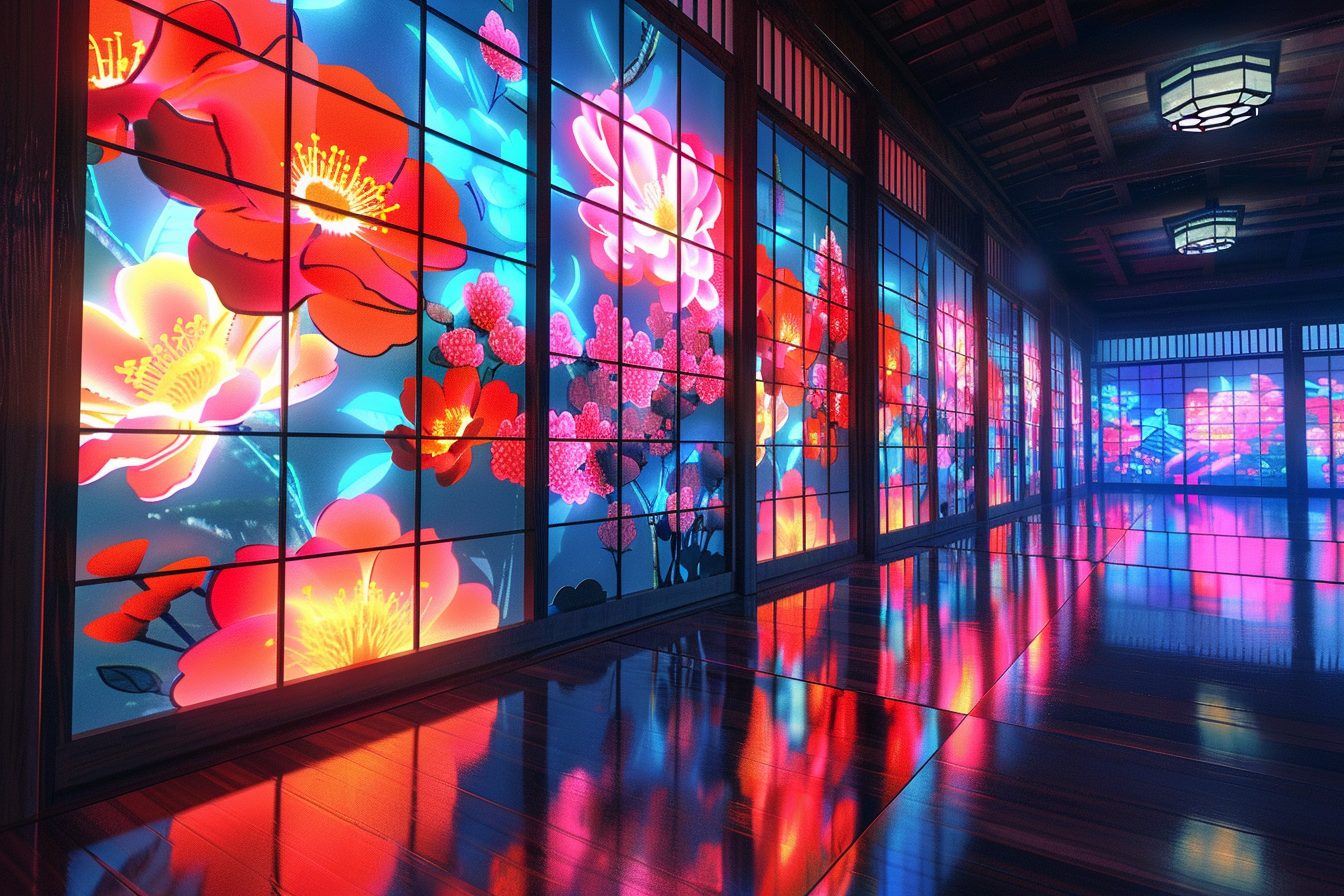 Traditional Japanese Houses with Neon Floral Designs