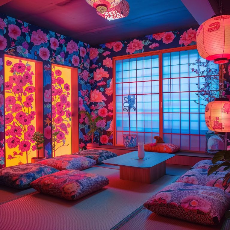 Traditional Japanese Houses with Neon Floral Designs