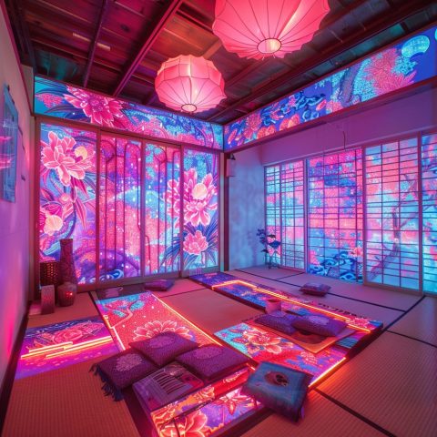 Traditional Japanese Houses with Neon Floral Designs
