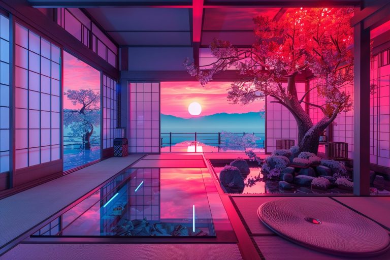 Traditional Japanese Houses with Neon Floral Designs