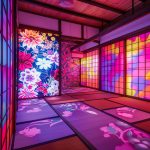 Traditional Japanese Houses with Neon Floral Designs