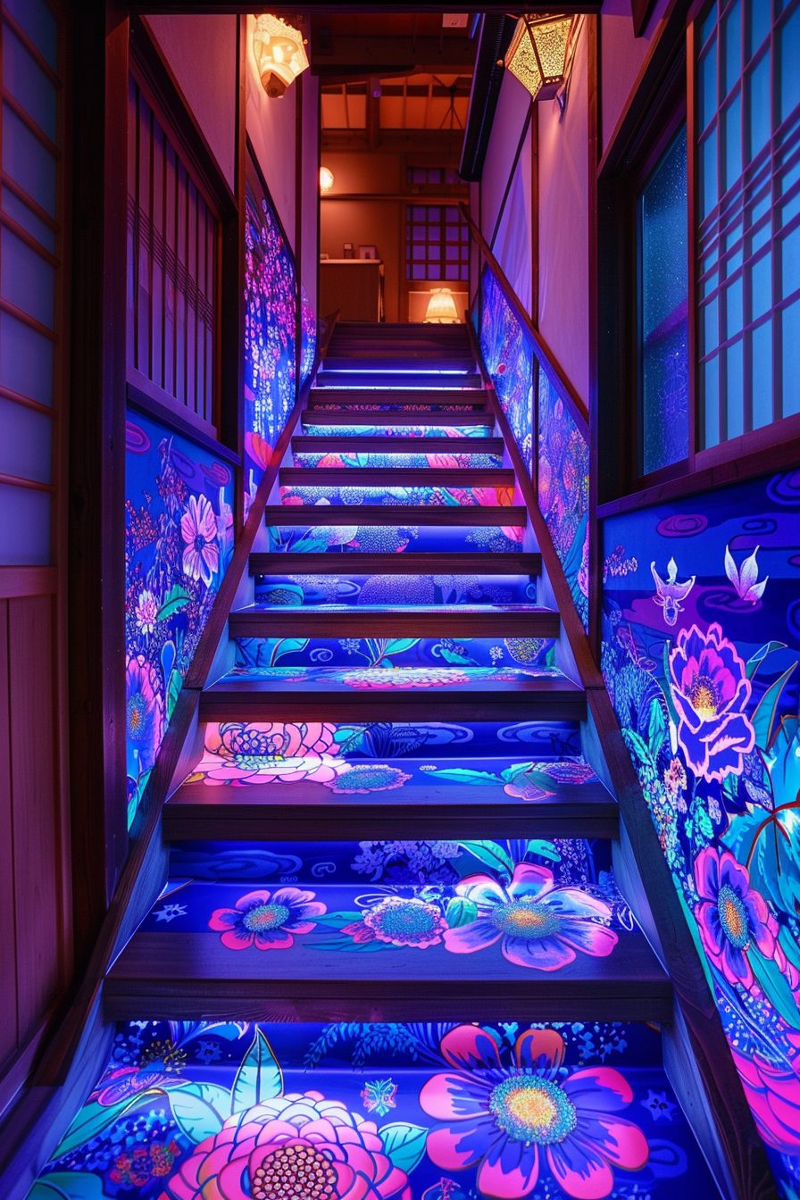 Traditional Japanese Houses with Neon Floral Designs