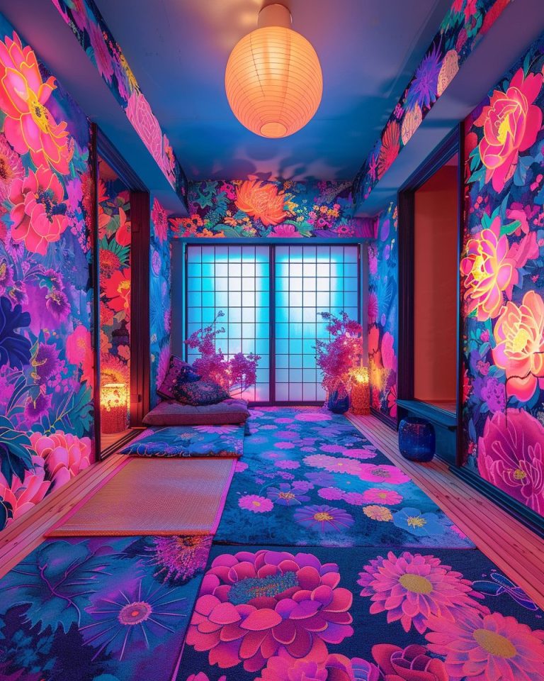 Traditional Japanese Houses with Neon Floral Designs